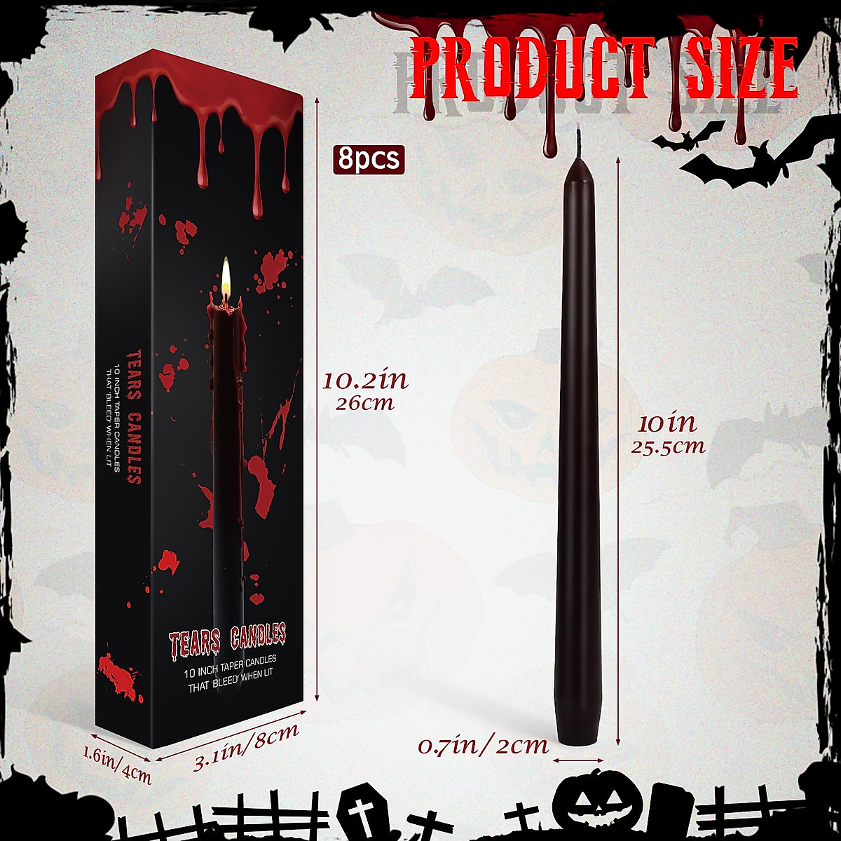 Set of 8 Halloween Bleeding Taper Candles 10 inch Black Taper Candles, Tears Taper Candles for Gothic Halloween Decoration