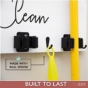 Ilyapa Broom Organizer Wall Mount, Broom and Mop Organizer Wall Hanging, White Wooden Broom Hanger Wall Mount, Kitchen Laundry Room Broom Storage Rack Holder, Farmhouse Broom Organizer with Hooks