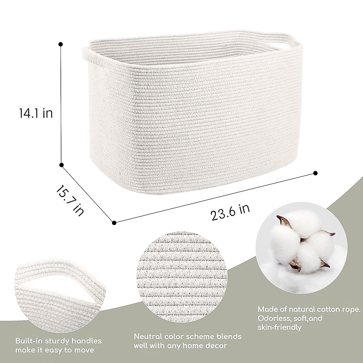 MEGASKET Extra Large White Storage Basket, 23.6" x 15.7" x 14.1" Rectangle Blanket Basket Living Room, Woven Cotton Rope Basket, Toy Basket Bins, XXXL Baskets for Organizing, Wicker Laundry Baskets