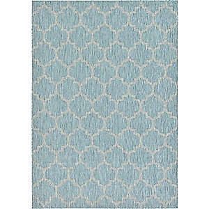 Unique Loom Outdoor Trellis Collection Area Rug (7' 1" x 10' Rectangle, Aquamarine/ Gray)