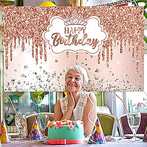 Rose Gold Happy Birthday Backdrop for Girls Women Rose Gold Happy Birthday Banner Glitter Diamond Birthday Backdrop Sweet Princess Birthday Photography Background