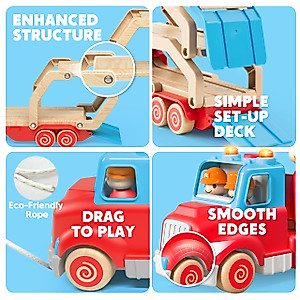 JOYIN Wooden Carrier Truck for Boys - 9 in 1 Foldable Track Carrier Truck Set, 1 Transport Toy Truck with 6 Wooden Cars, 2 Action Figures, 3 Layer Transformable Carriage Set, Toy Cars for Toddlers