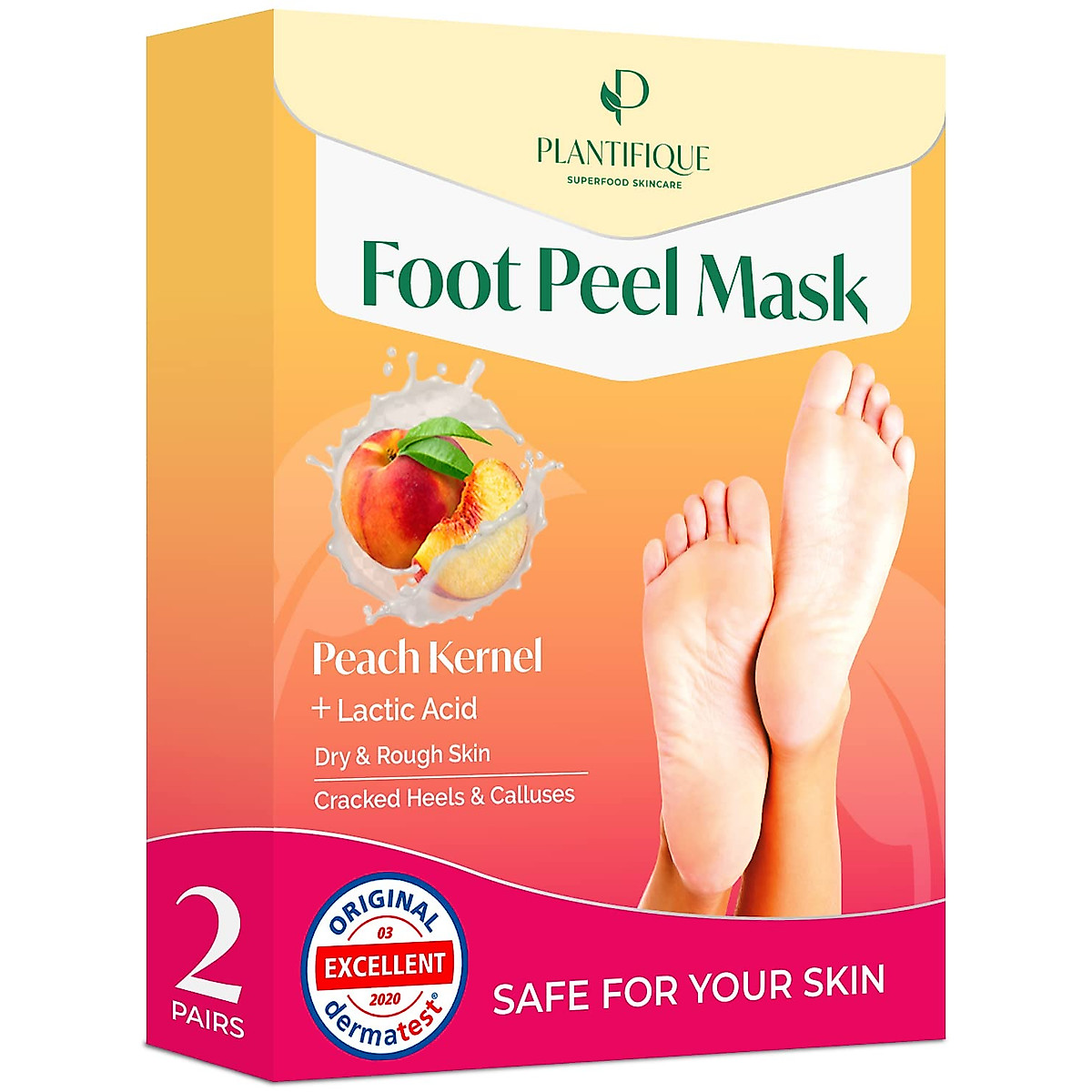 Foot Peel Mask with Peach by Plantifique - 2 Pack Peeling Foot Mask Dermatologically Tested - Repairs Heels & Removes Dry Dead Skin for Baby Soft Feet - Exfoliating Foot Peel Mask for Dry Cracked Feet