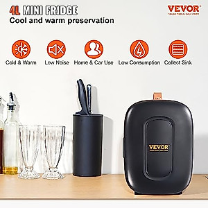 VEVOR Mini Fridge 4 Liter/6 Can Small Refrigerator for Beverage Skincare & Cosmetic AC/DC Cooler & Warmer, Mute Portable Tiny Cooling for Bedroom Office Dorm Desk Car Travel, ETL Certified, Black