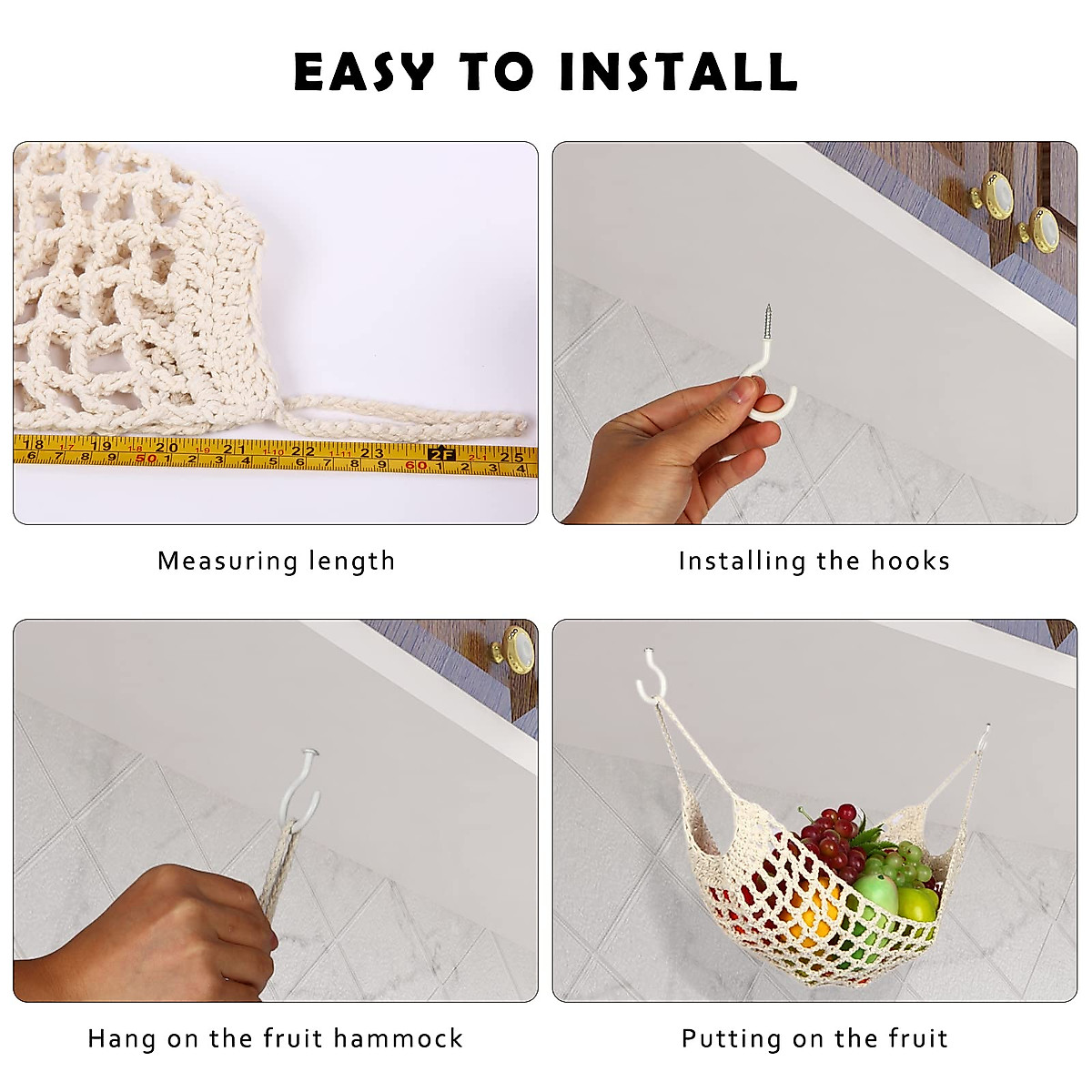 Ycsst Hanging Fruit Hammock Under Cabinet - fruit and veggie basket - macrame fruit hammock for Kitchen Décor - Storage That Saves Counter For More Counter Space at Home, Boat, or Rv,with 4 Hooks.