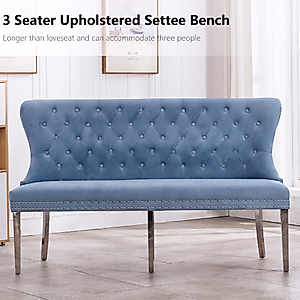 LOULENS 65'' Upholstered Velvet Settee Bench 3 Seater, Modern Tufted Banquette Bench with Back, Accent Loveseat Sofa with Stainless Steel Leg for Dining, Living Room (Blue)