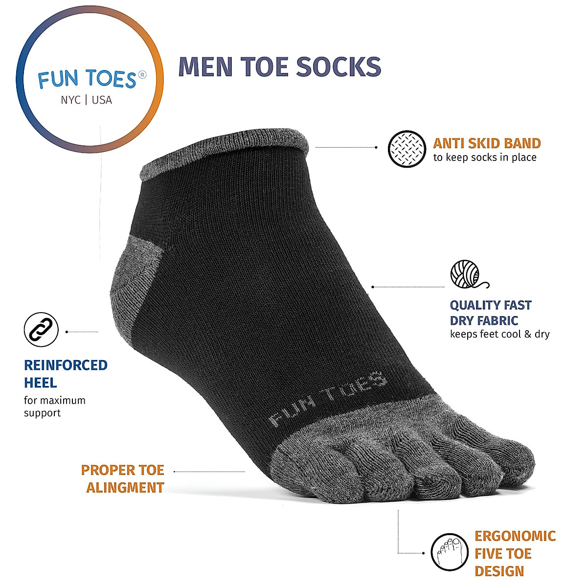 FUN TOES Men's Toe Socks Barefoot Running Socks-Pack of 6 Pairs- shoe Size 6-12.5 (Black/Gray), 10-13