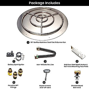 Dreffco Stainless Steel Fire Pit Burner Pan & Ring Standard Kit with Spark Ignition for Natural Gas, 36-Inch Pan, 30-Inch Ring, 200,000 BTU Max
