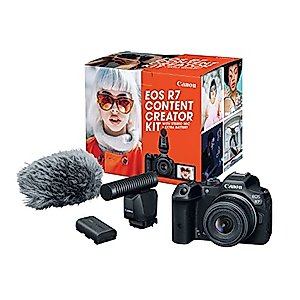 Canon EOS R7 Content Creator Kit, Mirrorless Vlogging Camera, 32.5 MP, 4K 60p Video, DIGIC X Image Processor, RF-S18-45mm F4.5-6.3 is STM Lens, Stereo Microphone DM-E1D, LP-E6NH Battery