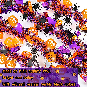 Halloween Decorations,33 Ft Halloween Tinsel Garland with Orange Pumpkin Black Spider Purple Bat, Shiny Metallic Garland Halloween Garland for Home Tree Indoor Outdoor Halloween Party Decorations