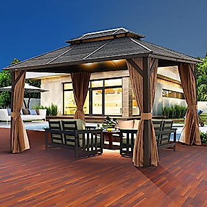 NOBLEMOOD 10’ x 13’ Hardtop Gazebo with Curtains and Netting, Double Roof Outdoor Gazebo with Canopy, Aluminum Frame Permanent Gazebo for Patio Garden