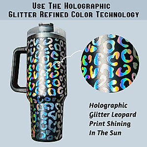 omezin 40 oz Tumbler with Handle Holographic Glitter Leopard 40oz Tumbler with Lid Straw Double Insulated Travel Coffee Mug