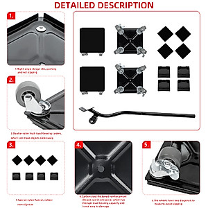 Heavy Duty Furniture Expandable Lifter with 4 Mover Dolly for Easy and Safe Moving Kit, Rubber Wheels 2 Brake 360° Rotatable Appliance Mover Dolly, Max Up for 1320LBS/600KG (Black)