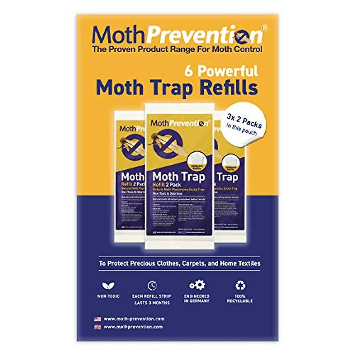 MothPrevention Powerful Moth Trap Refill Strips | 3X Twin Packs (6 Strips in Total) - for Clothes Closet Moths - Clothes Moth Traps | Moth Pheromone Traps for House | Results Guaranteed!
