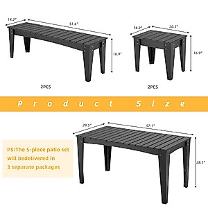 Erinnyees HDPE 5 Piece Patio Dining Set, Outdoor Table Bench Furniture Set with 1 Rectangle Dining Table, 2 Double Benches, and 2 Single Stools, for Backyard, Porch, Lawn, and Garden