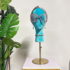 Female Display Velvet Head Dress Form with Adjustable Golden Round Base,Fully Pinnable Head Can Wear Earring! Head for Hat Wig Jewelry Display,Clothing Fabric Head Model, Sky Blue 33cm