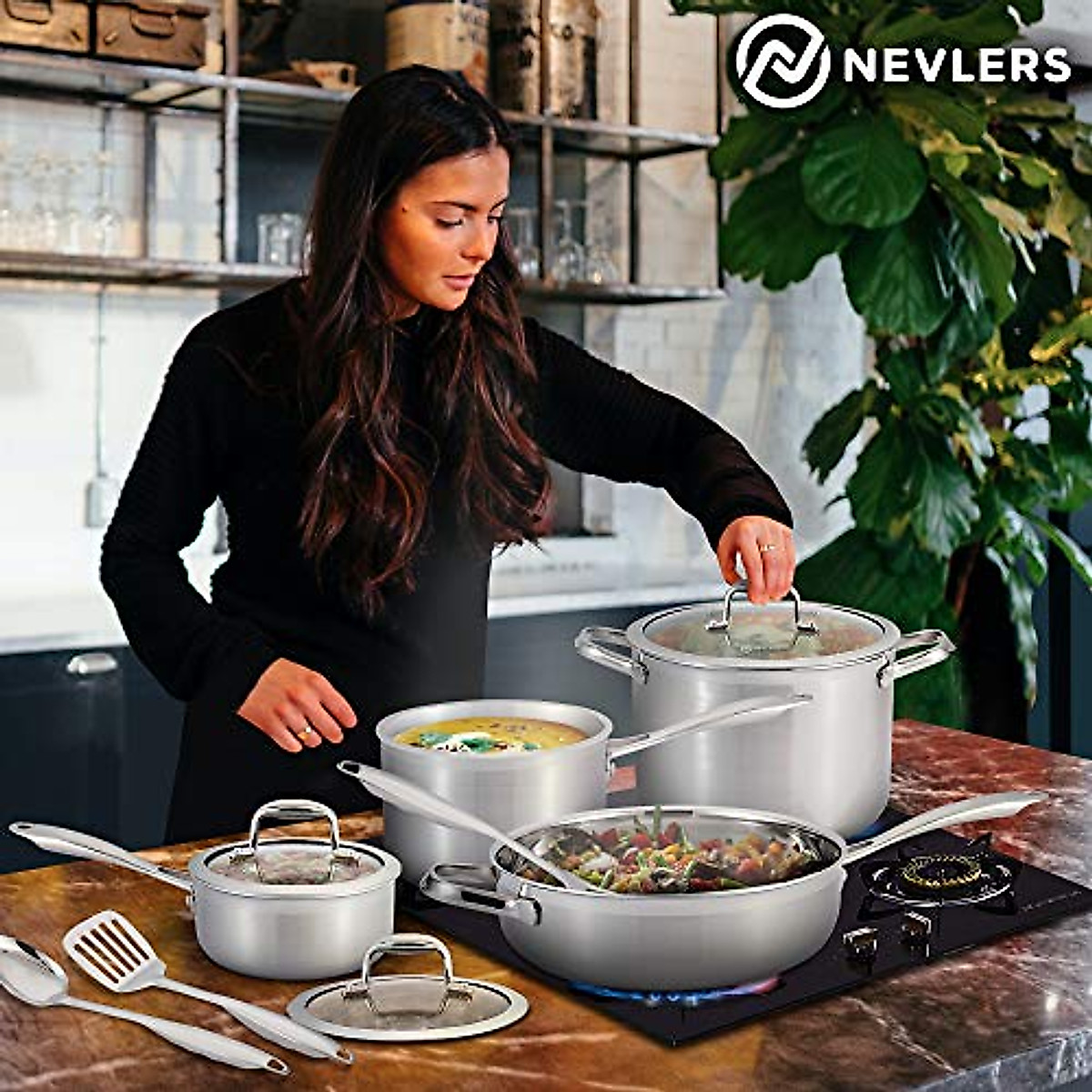 Nevlers 10 Piece Multi-Clad Tri-Ply 18/8 Stainless Steel Cookware Set - Pots and Pans Set - Makes for a Great Cooking Set for Your Kitchen - It is Dishwasher Safe Too!