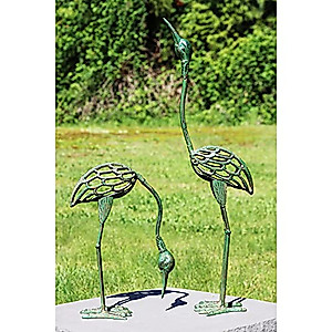 Seraphic Cast Iron Garden Decor Crane Bird Statues, Antique Green, Set of 2