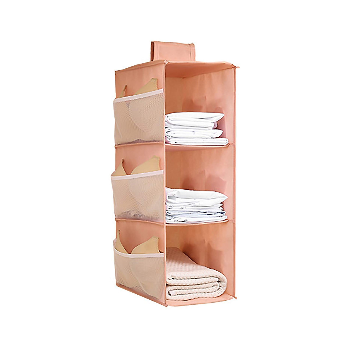 W&H Orange Hanging Closet Organizer - Collapsible Clothes Hanging Shelves Storage Organizer Space Saver Oxford Cloth for Clothes Storage and Accessories (Pink, 3 Shelf)