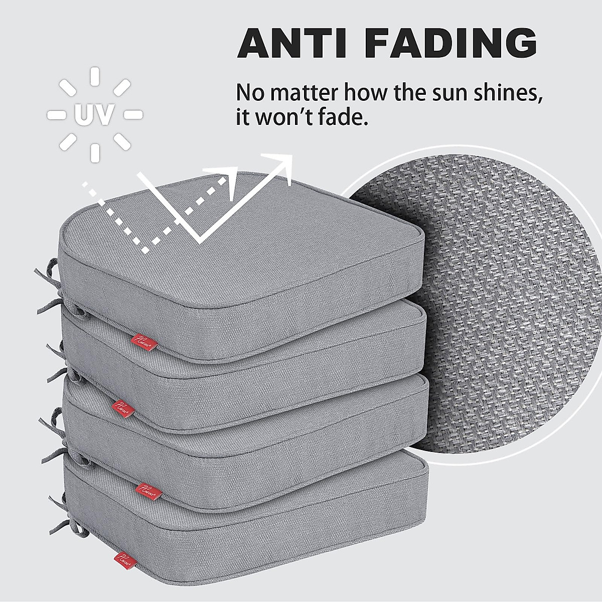 Pcinfuns Indoor/Outdoor Memory Foam Chair Cushions,Thick 17"x16"x3" Chair Cushion for Patio Furniture,Water-Resistant Durable Seat Pads with Ties,Light Grey,4 Pack