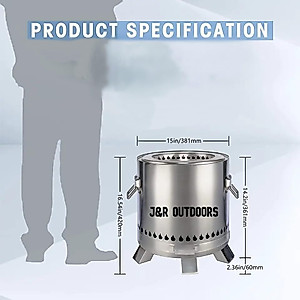 New Smokeless fire Pit with Handles and Removable ash pan for Camping, Patio and Backyard 15 inch Portable Easy cleanup J&R Outdoors Smokeless Firepit