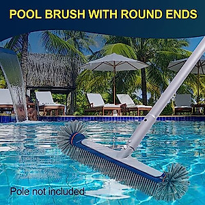 POOLAZA Pool Brush Head, 17.5" Round Ends Pool Brush with Sturdy Aluminum Handle & Durable Nylon Bristles, Professional Pool Brushes for Cleaning Pool Walls, Floors Steps & Corners(Blue)