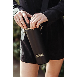 Crawe Full Grain Leather Insulated Water Bottle Crossbody Bag, 40 oz Water Bottle Holder with Strap for Walking, Bottle Carrier, Bottle Sling, Single Wine Bottle Tote, Brown Pebbled Leather, Gift Box