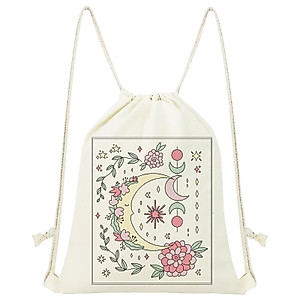 Moon Floral Drawstring Backpack Aesthetic Vintage Flower Drawstring Bag for Women Cotton Canvas Backpack Sport Gym Draw String Bag Beach Travel Sackpack Shopping Sack Pack