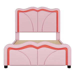 SOFTSEA Twin Size Upholstered Platform Bed, Platform Bed with LED Light Strips and Curve Shaped Adjustable Headboard, Wood Bed Frame for Bedroom, No Box Spring Needed, Pink