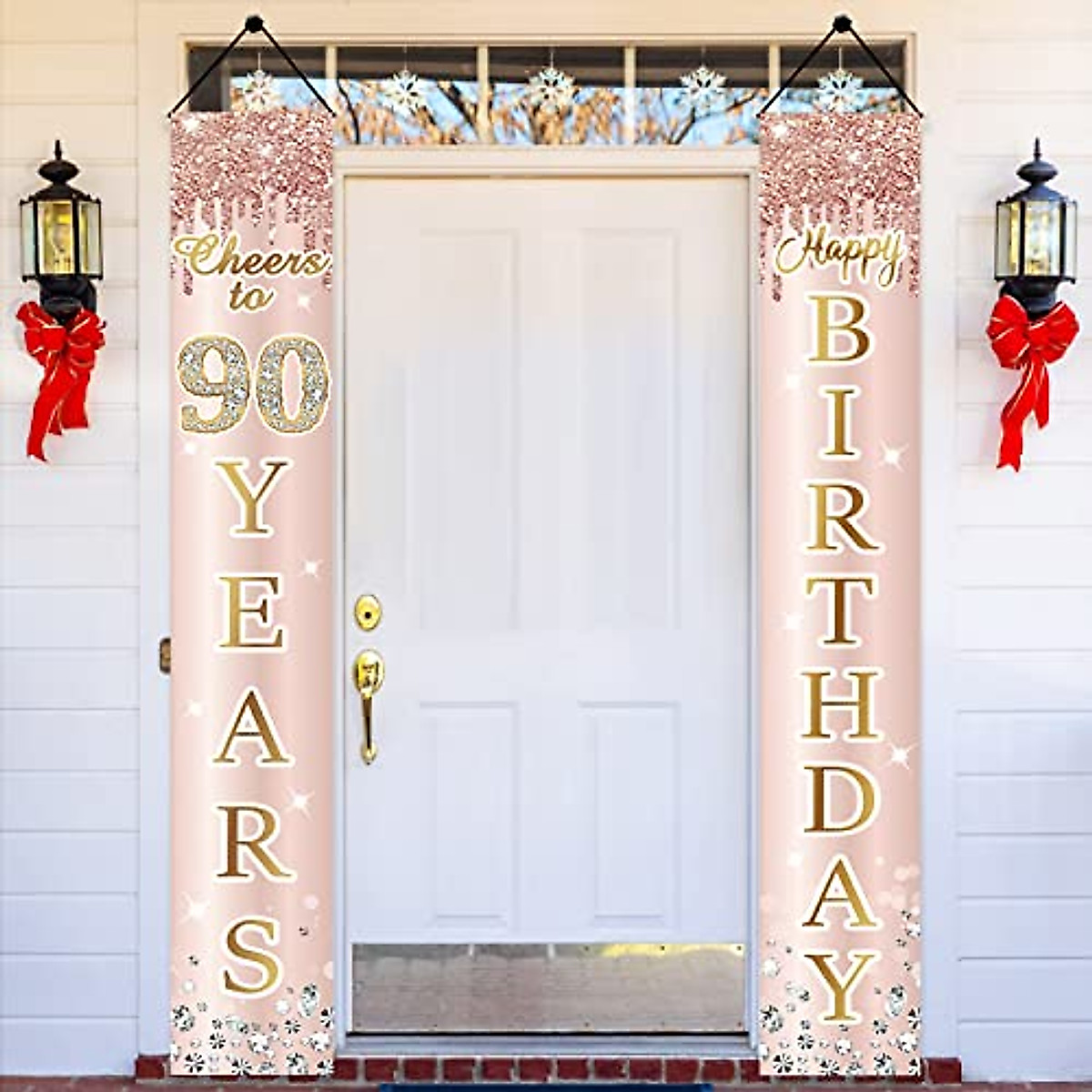 2Pcs 90th Birthday Banner Decorations for Women, Pink Rose Gold Happy 90 Birthday Sign Party Supplies, Cheers to 90 Years Birthday Backdrop Decor