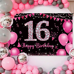 Sweet 16 Birthday Banner Hot Pink, Happy 16th Birthday Decorations for Girls, Sweet Sixteen Party Decorations, 16 Year Old Birthday Photo Props Yard Sign Decor Supplies, Fabric Vicycaty