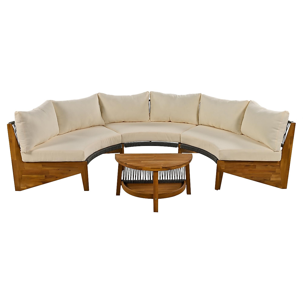 Quarte Outdoor Acacia Wood Round Sofa Set, Half-Moon Sectional Sets with Coffee Table,6-Person Seating Group for Garden, Deck (Beige/Half-Moon*A)