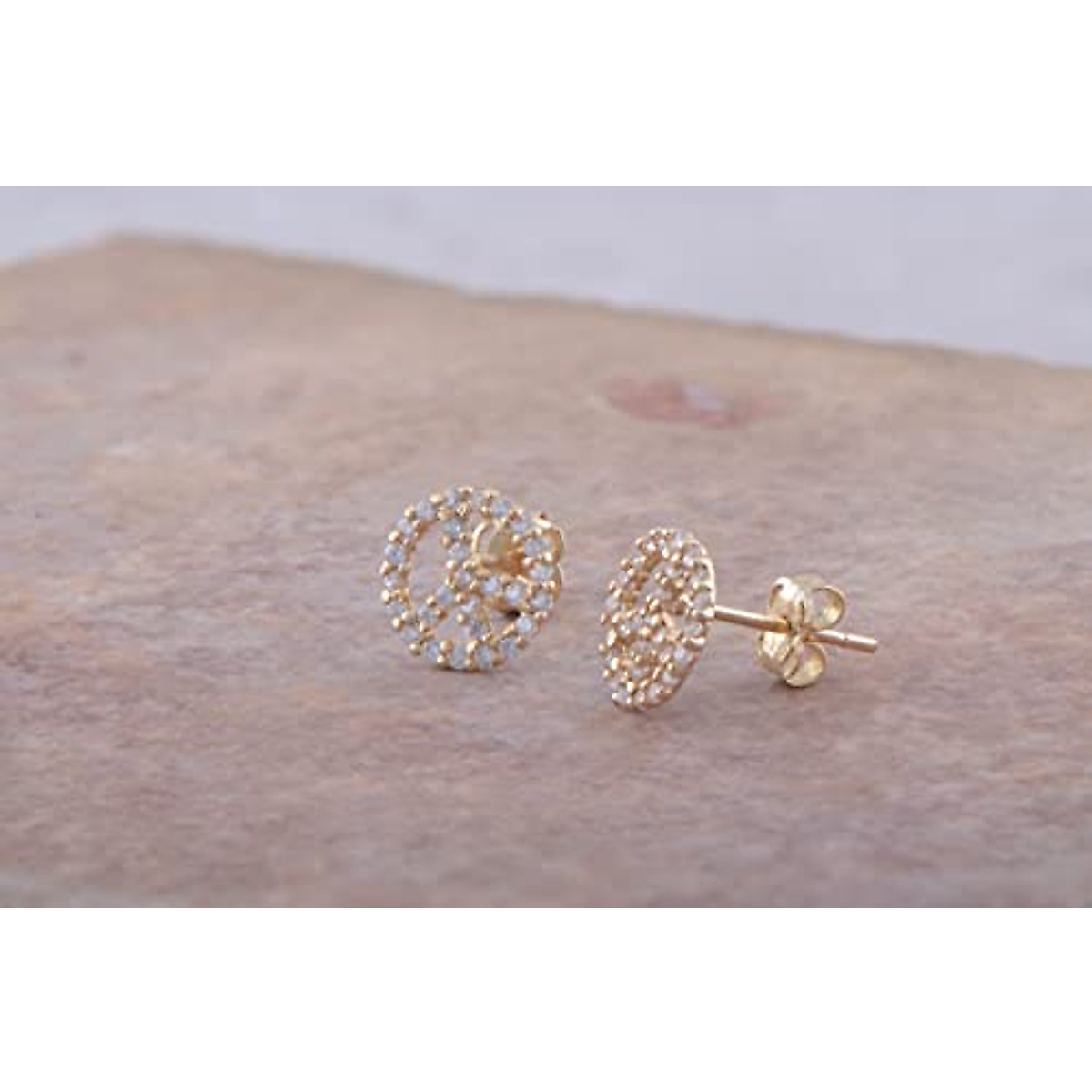 14K Solid Yellow Gold Womens Round Cubic Zirconia Cz Small Peace Sign Hipster Stud Earrings Perfect for Ladies - 0.27in