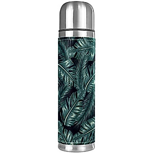 Stainless Steel Leather Vacuum Insulated Mug Tropical Plants Thermos Water Bottle for Hot and Cold Drinks Kids Adults 16 Oz
