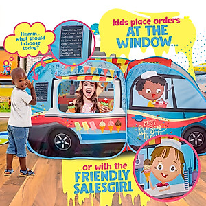Kiddzery Ice Cream Truck Play Tent for Kids - Pretend Play Toy Food Set - Pop Up Icecream Playhouse Toys with Music Button - Birthday Gift for Girls & Boys - Indoor & Outdoor Tents for Toddlers & Baby