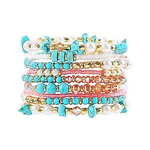 Bohemian Turquoise Beaded Bracelets for Women 9Pcs Colorful Stackable Natural Stone Stretch Bracelets Multilayered Glass Seed Beads Pearl Bracelet Set Boho Holiday Summer Beach Jewelry Gift for Girls