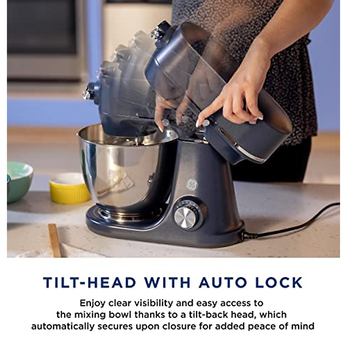 GE Tilt-Head Electric Stand Mixer | 7-Speed, 350-Watt Motor | Includes 5.3-Quart Bowl, Flat Beater, Dough Hook, Wire Whisk & Pouring Shield | Countertop Kitchen Essentials | Sapphire Blue