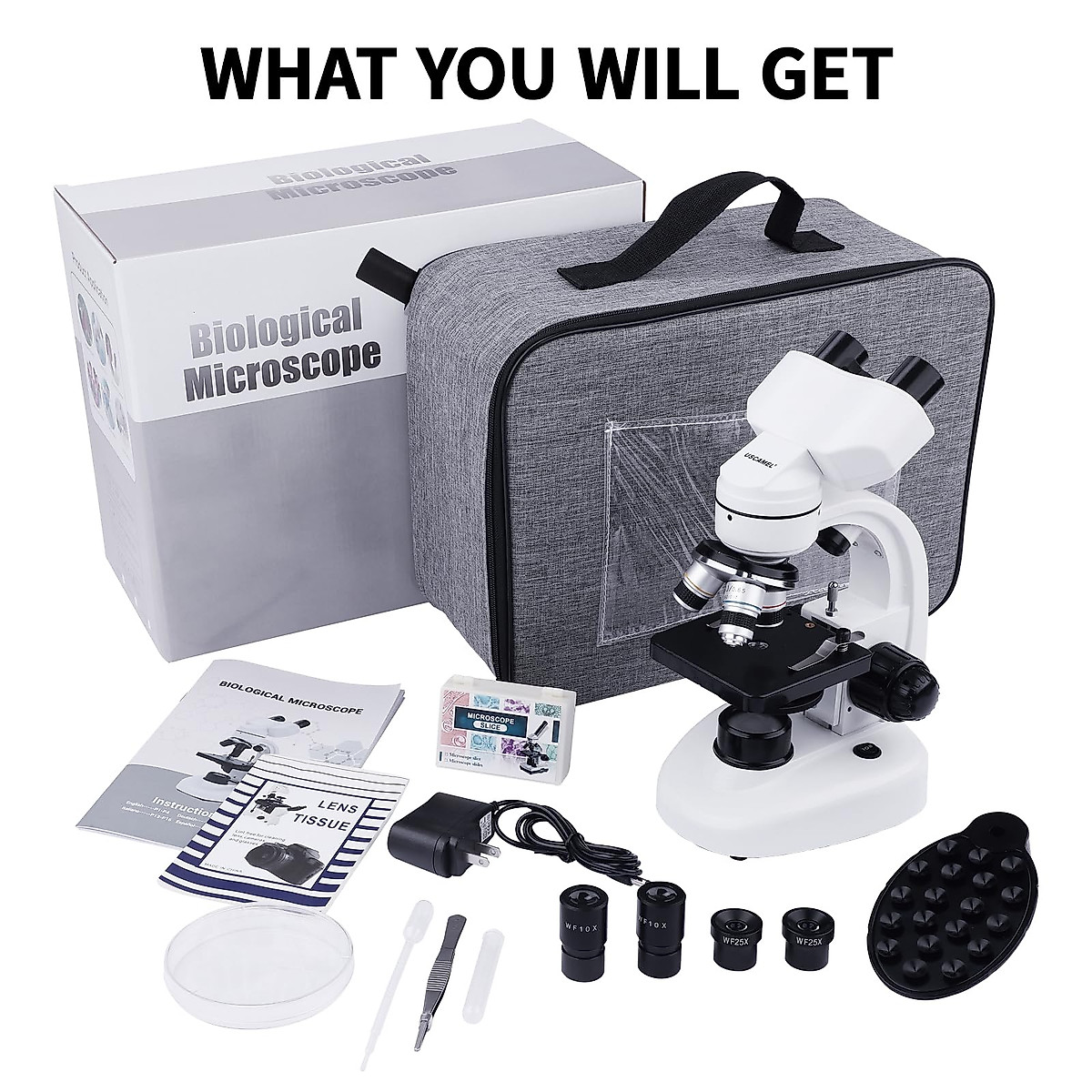 USCAMEL 40X-1000X Magnification LED Binocular Compound Microscope,Professional Compound Microscope with Wide-Field 10X 25X Eyepieces,Microscope Slides,Phone Adapters,Cleaning Paper