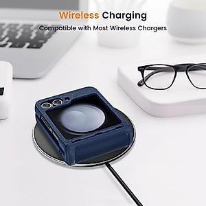 NULETO Blue Leather Galaxy Z Flip5 Case with Hinge Protection, Built-in Screen Protector