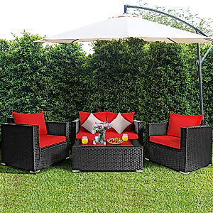 BETTARY 4 PCS Patio Rattan Chair Set, Sofa Set w/Tempered Glass Coffee Table, Conversation Set w/Seat & Back Cushions, Outdoor Wicker Sectional Furniture Set for Garden/Yard/Poolside (1, Red)