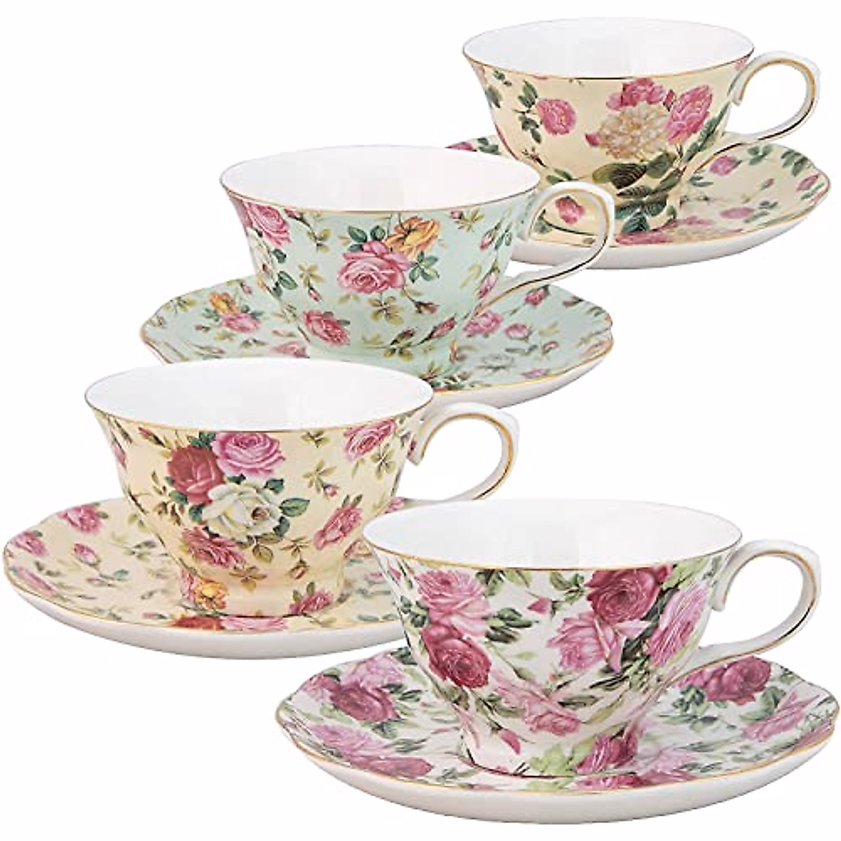 Gracie China by Coastline Imports Rose Chintz 8-Ounce Porcelain Tea Cup and Saucer, Set of 4