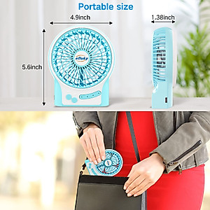 Efluky 3 Speed Mini USB Fan, Rechargeable Battery Fan with LED Light and 2200mAh Battery, Portable fan quiet for Office, Travel, Camping Fan, 4.5-Inch, Blue
