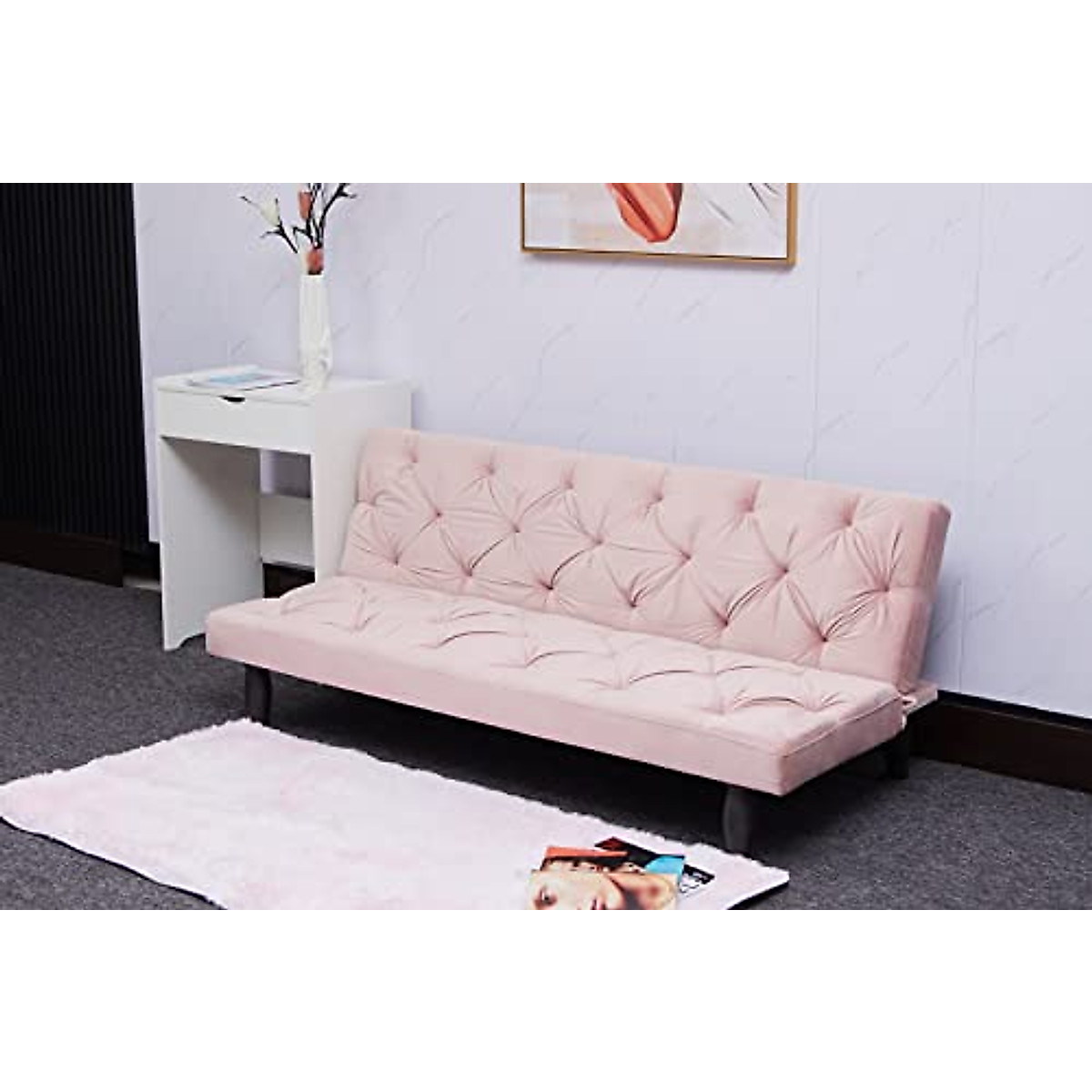 Livavege Convertible Futon Sofa Bed, 66" Velvet Upholstered Sleeper Couch Daybed with Adjustable Backrest for Studio, Apartment, Office, Small Space, Compact Living Room, 66 INCH, Pink