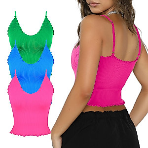 CHYRII Womens 3 Pack Ruffled V Neck Cropped Tops Workout Basic Ribbed Camisole Tank Tops Hot Pink + Green + Indigo Blue M