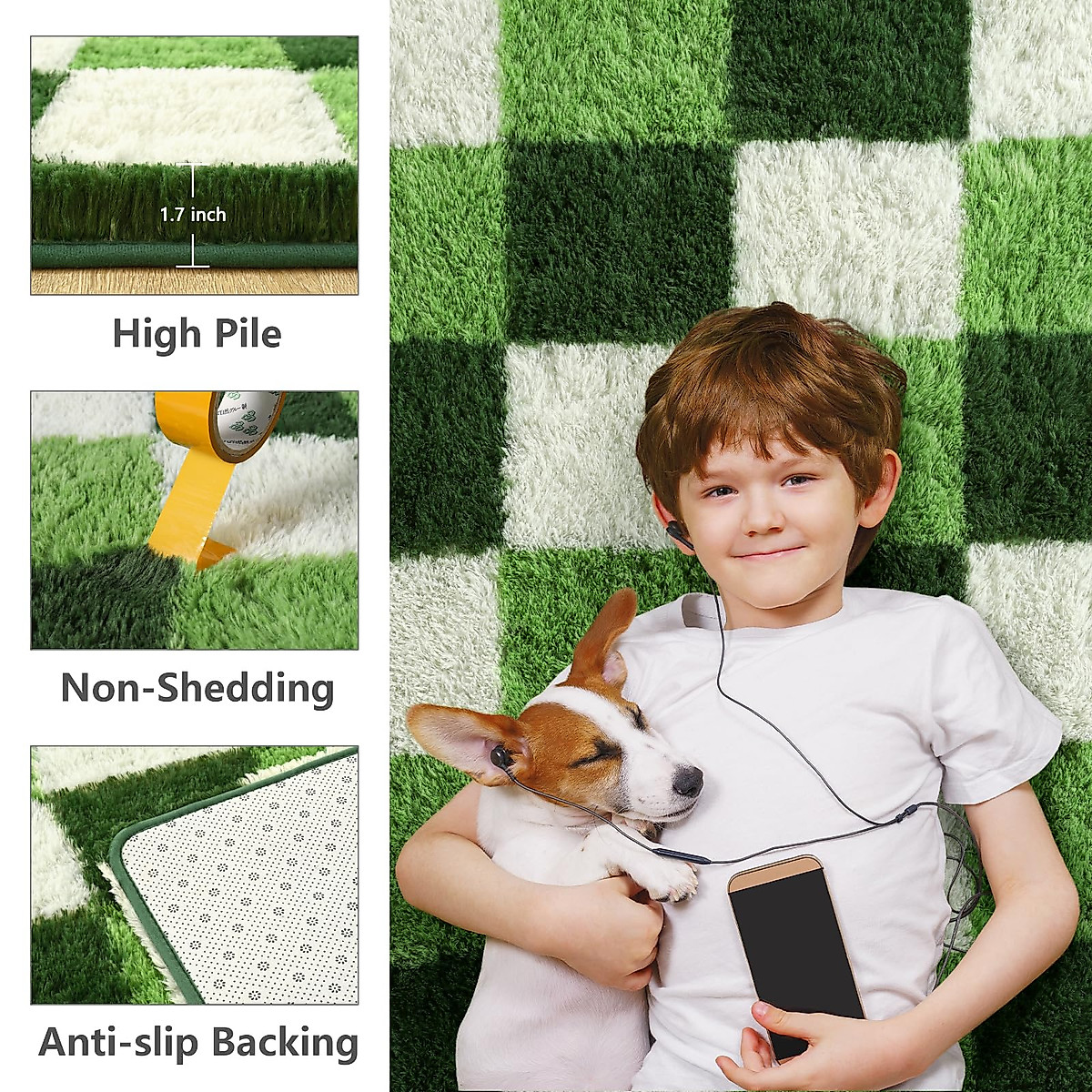 Larhom Modern Checkerboard Rug for Living Room Bedroom, 4x6 Ft Green Checkered Fluffy Carpet, Thickened Memory-Foam Area Rug for Kids Nursery Dorm, Home Decor, Anti-Slip and Easy to Clean