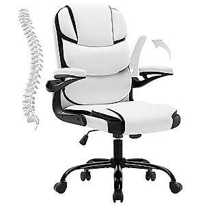 SEATZONE Home Office Desk Chairs with Wheels and Flip-up Armrests,Modern PU Leather Executive Office Chair Comfortable Ergonomic Computer Chairs for Adults and Teens,White