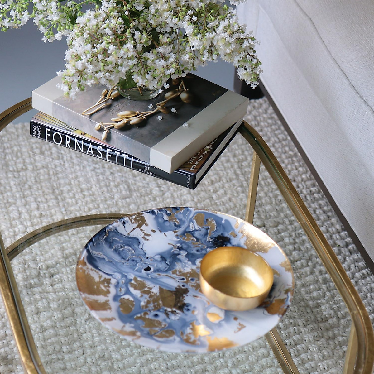 Beatriz Ball GLASS New Orleans Large Round Painted Platter (Blue & Gold)