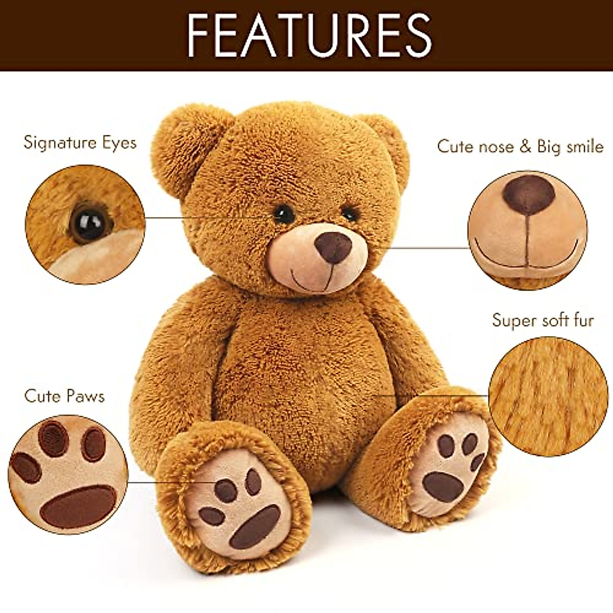 LotFancy Teddy Bear Stuffed Animals, 20 inch Soft Cuddly Stuffed Plush Bear, Cute Stuffed Animals Toy with Footprints, Gifts for Kids Baby Toddlers on Baby Shower, Valentine's Day, Brown