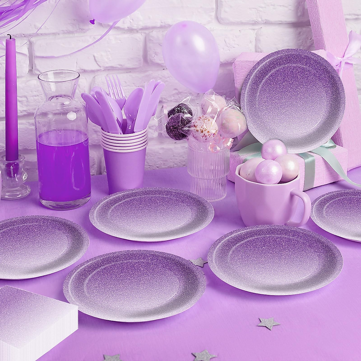 96Pcs Ombre Purple Party Decorations Supplies for Birthday Tableware Set Light Pastel Purple Paper Plates Napkins Forks for 24 Guests Wedding Anniversary Lavender Dinnerware Table Party Favors