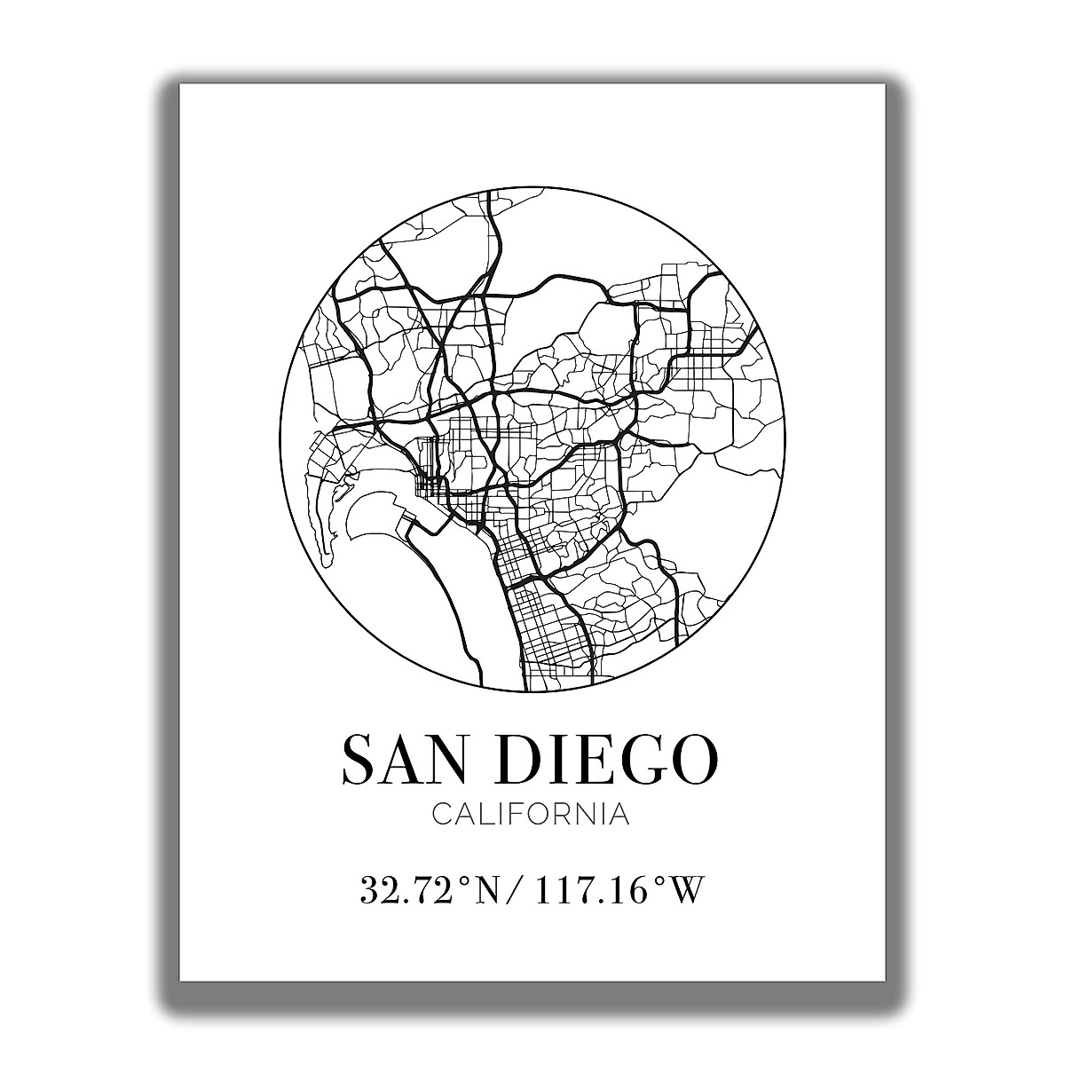 San Diego CA City Street Map Wall Art - 11x14 UNFRAMED Modern Abstract Black & White Aerial View Decor Print with Coordinates. Makes a great California-Themed Gift.